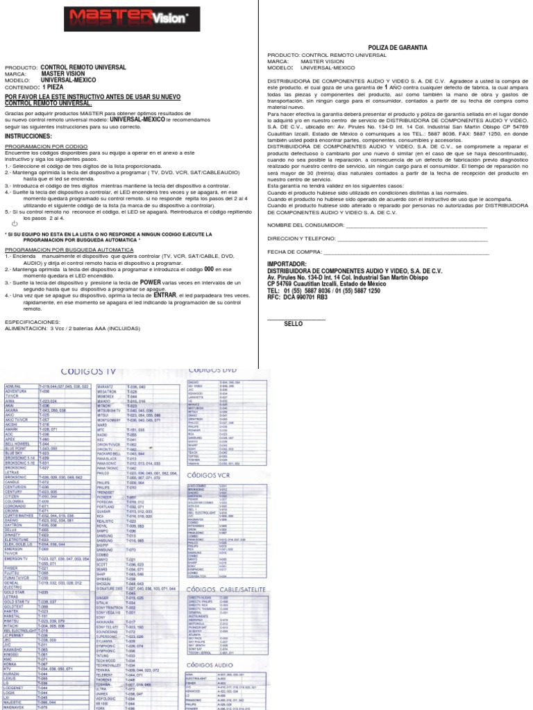 Manual Master Vision | Descargar gratis PDF | Control remoto | Electrónica