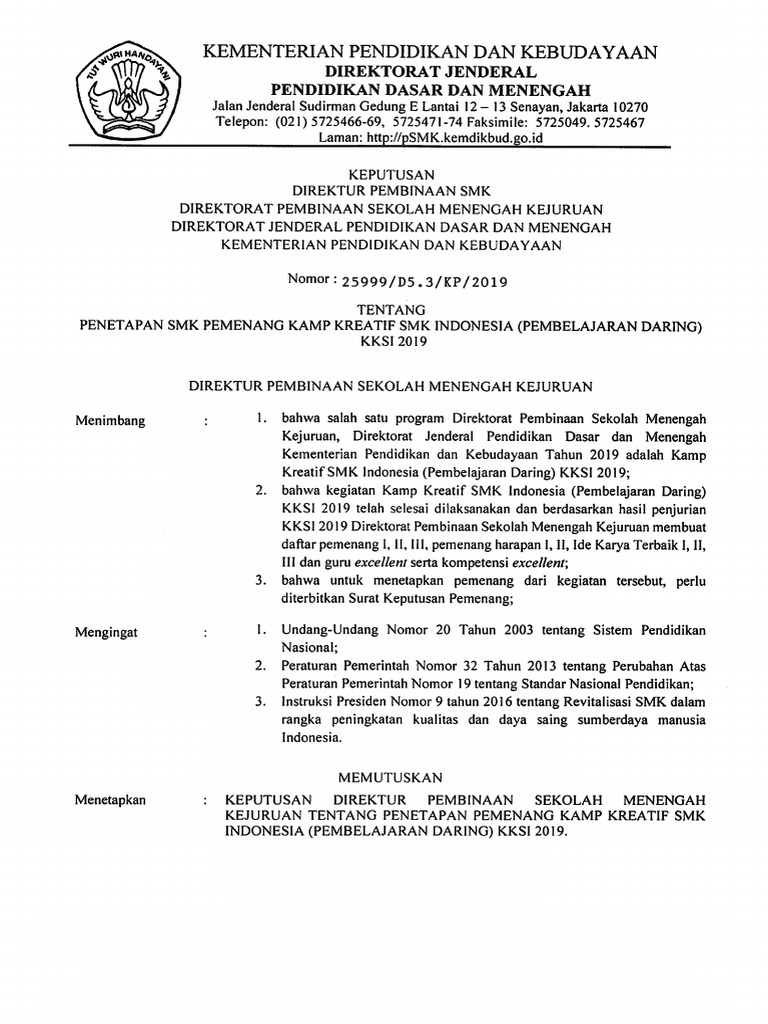 Surat Keputusan Pemenang - KKSI - 2019 | PDF