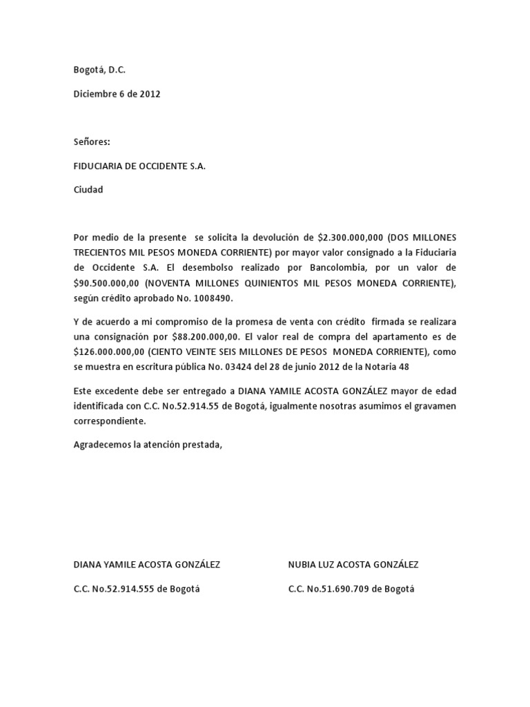 Carta Devolucion FIDUOCCIDENTE | PDF