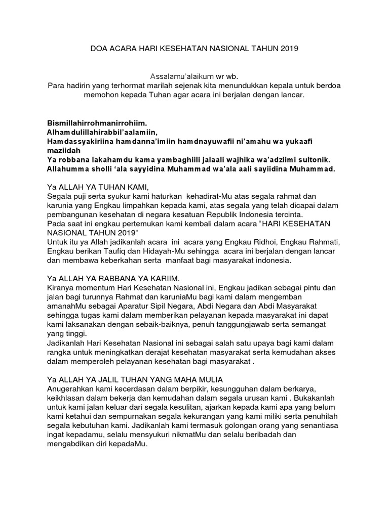 Doa Pembukaan Acara Hari Kesehatan Nasional Tahun 2019 | PDF