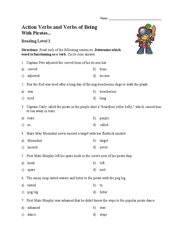 Action Verbs and Verbs of Being Worksheet Reading Level 02 | PDF