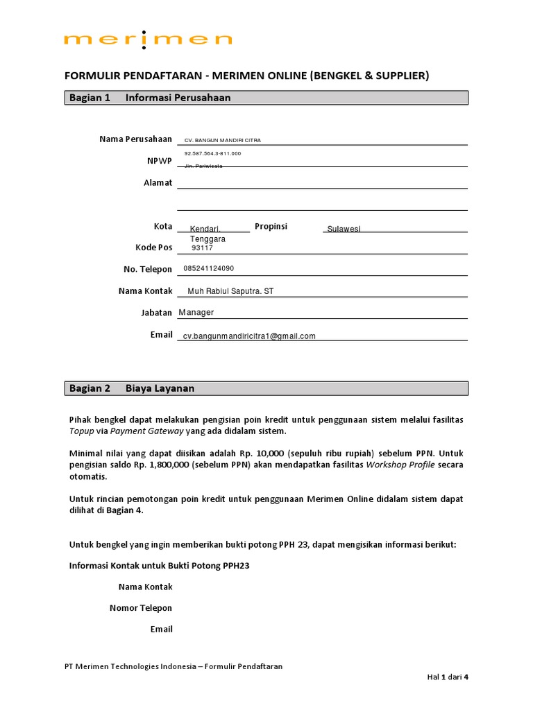 0 - Formulir Registrasi Bengkel & Supplier PDF | PDF