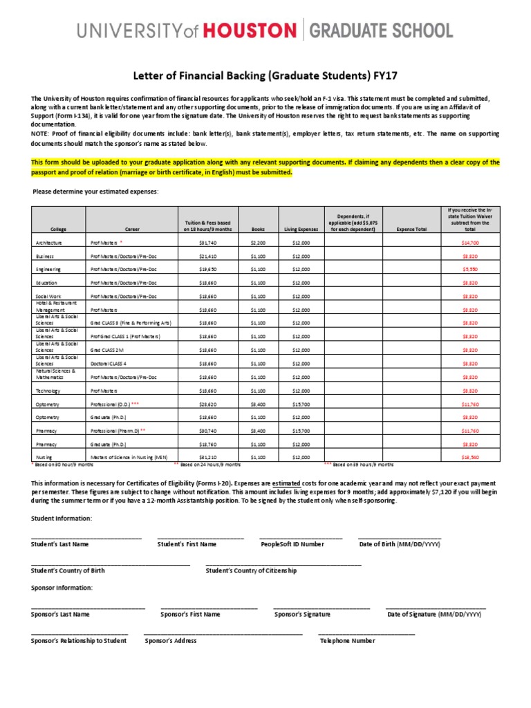 Financial Backing Letter UH Grad Students | PDF | Doctor Of Philosophy ...