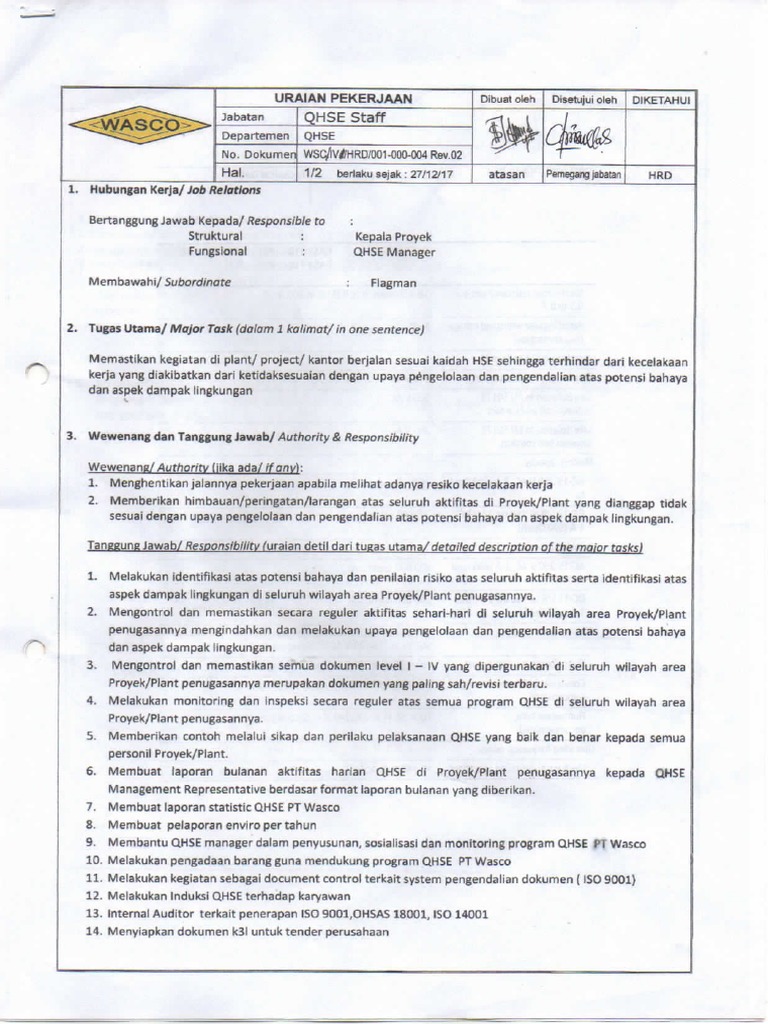 Job Desk QHSE Wasco | PDF