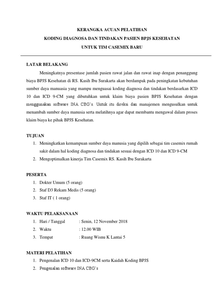 Kerangka Acuan Pelatihan Tim Casemix | PDF