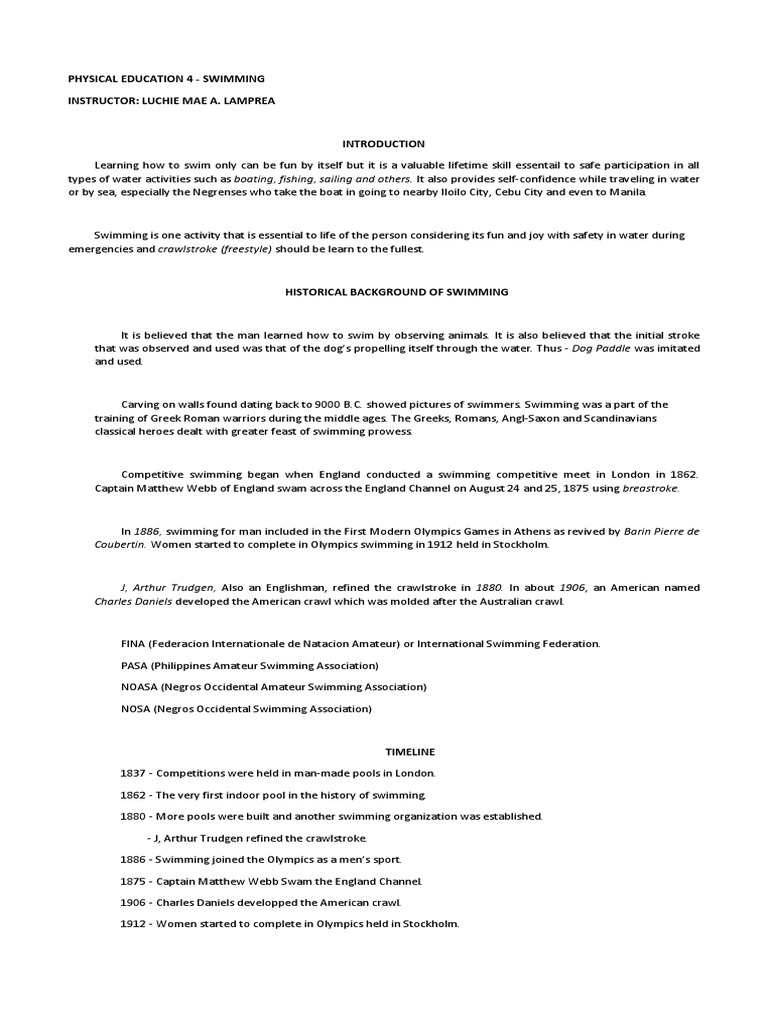 Physical Education 4 Swimming | PDF | Swimming (Sport) | Water Sports