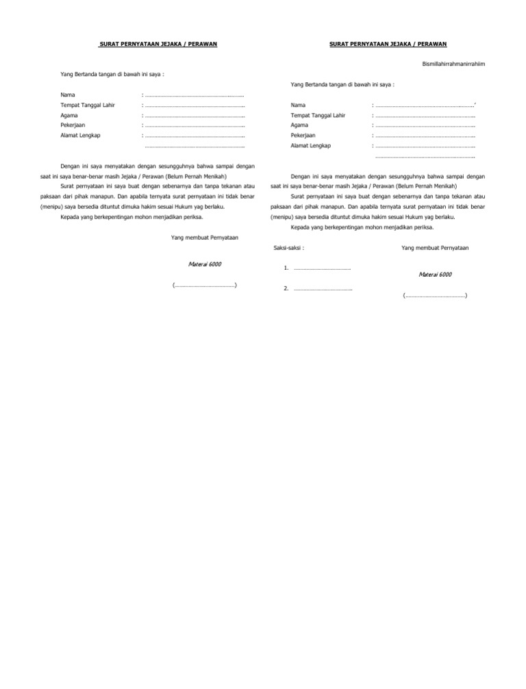 Surat Pernyataan Jejaka/Perawan | PDF