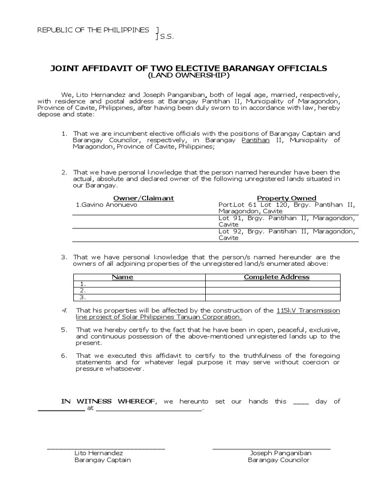 Joint Affidavit Two Barangay Elective Barangay Official | PDF ...