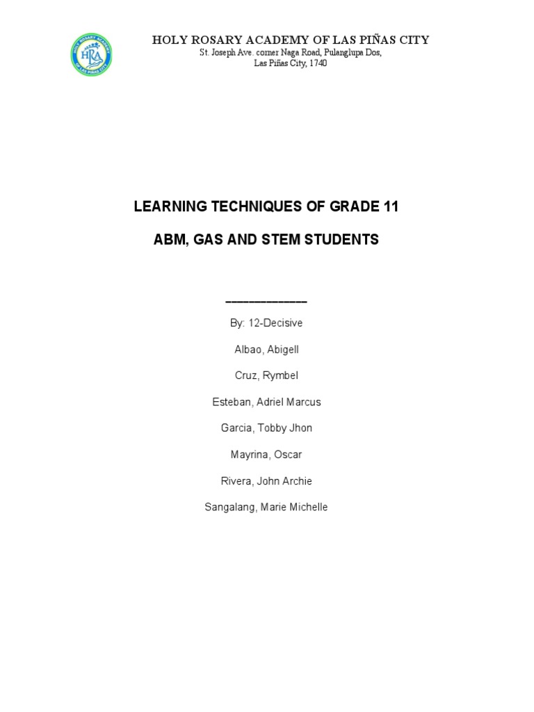 Grade 11 Learning Techniques at HRA | PDF | Learning Styles | Metacognition