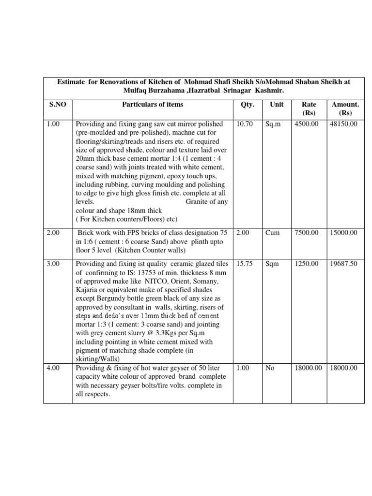 Estimate For Renovations of Kitchen Burzahama Ganderbal | PDF | Brick ...
