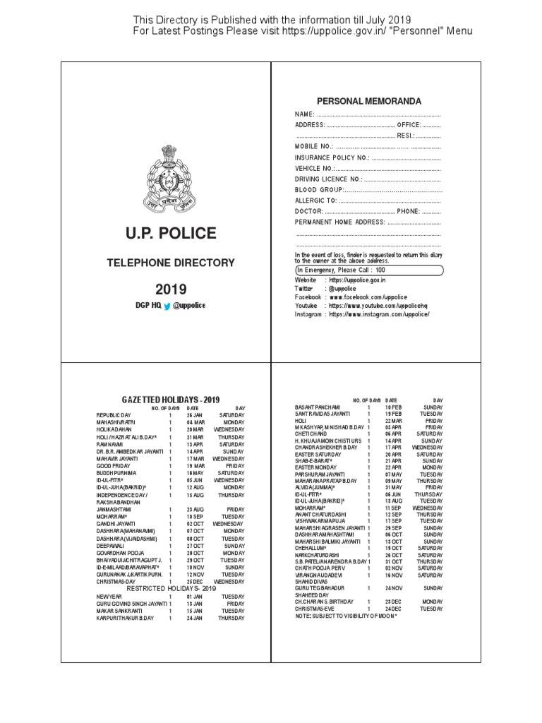 UP Police Telephone Directory 2019 | PDF | Law Enforcement | Crime ...