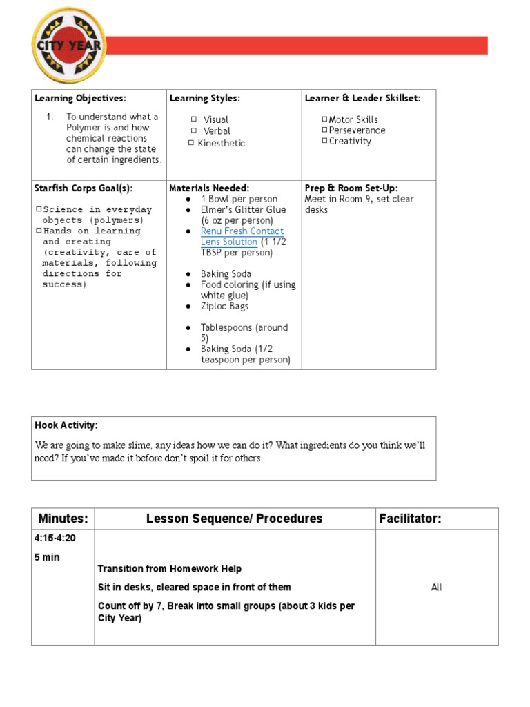 After School Lesson Plan For Making Slime | PDF | Behavior Modification ...