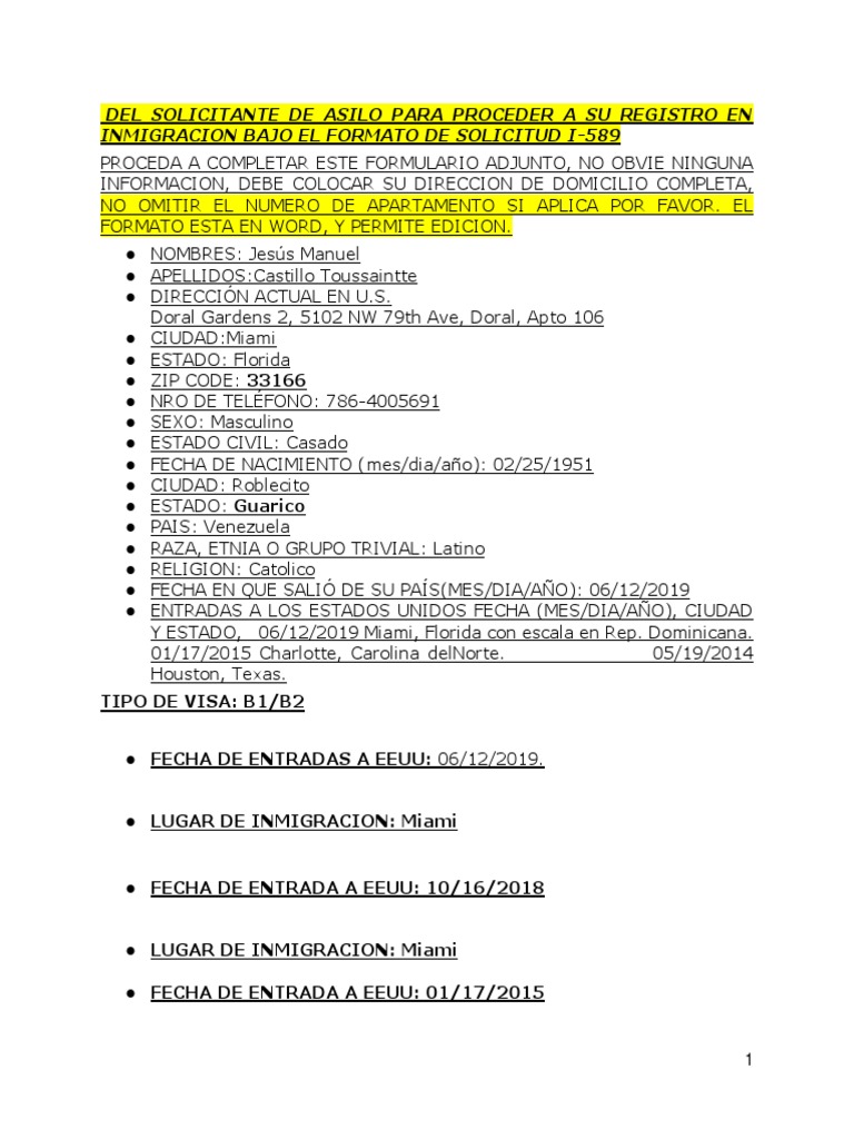 Formulario I-589: Registro de Solicitante de Asilo | PDF | Venezuela