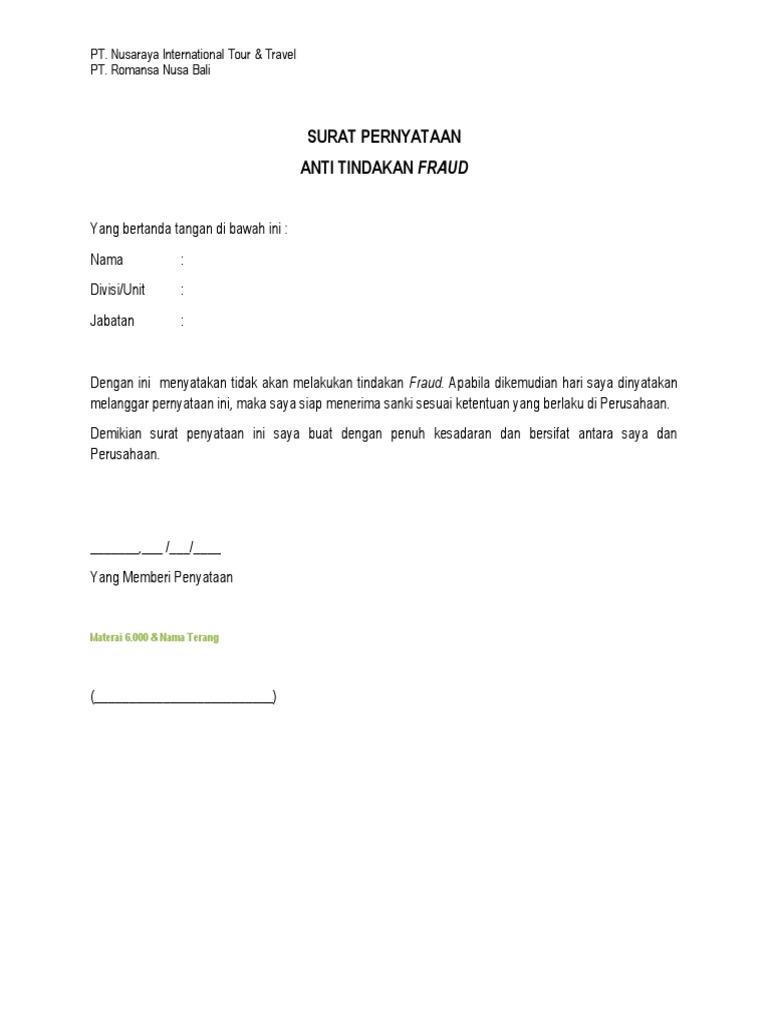 Surat Pernyataan Anti Tindakan Fraud | PDF