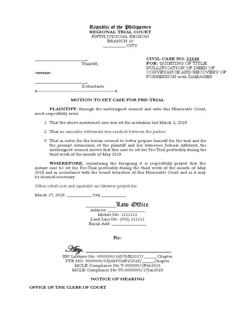 Motion To Set Case For Pre-Trial | PDF | Virtue | Public Law