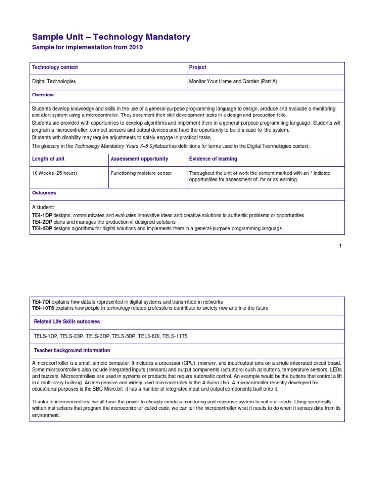 Technology Mandatory Years 7 8 Sample Unit Digital Technologies A ...