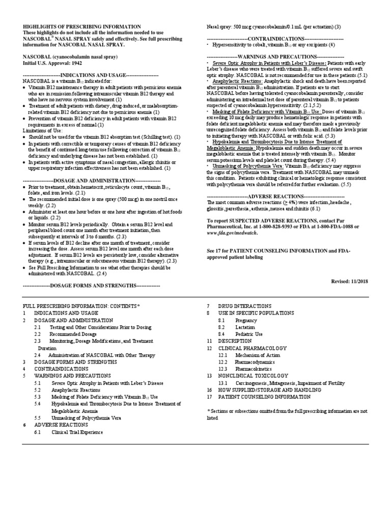 Nascobal Leaflet | PDF | Vitamin B12 | Dose (Biochemistry)