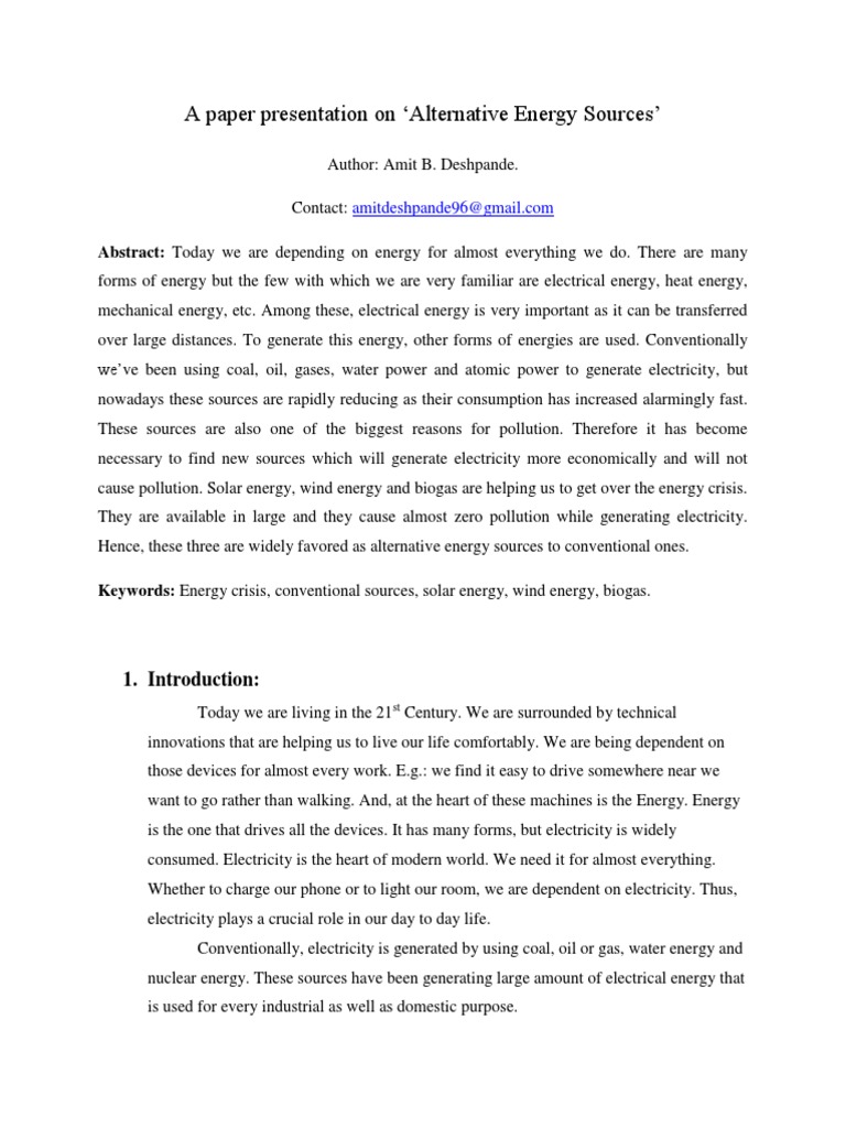 A Paper Presentation On Energy Sources | PDF | Solar Energy | Wind Power
