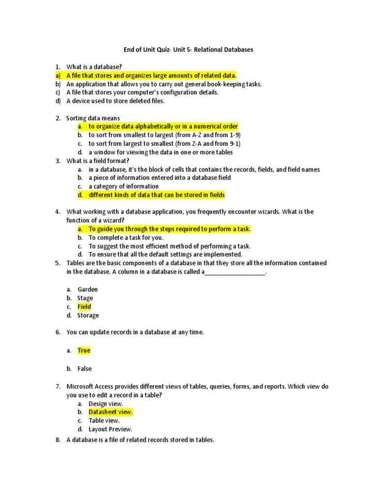 Database Quiz | PDF | Databases | Table (Database)