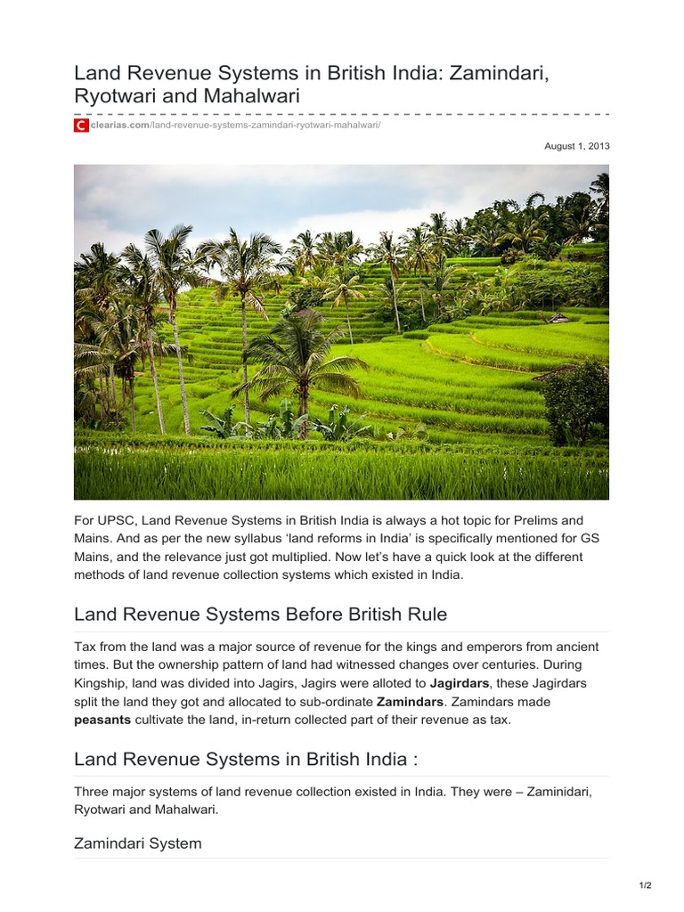 Land Revenue Systems in British India Zamindari Ryotwari and Mahalwari ...