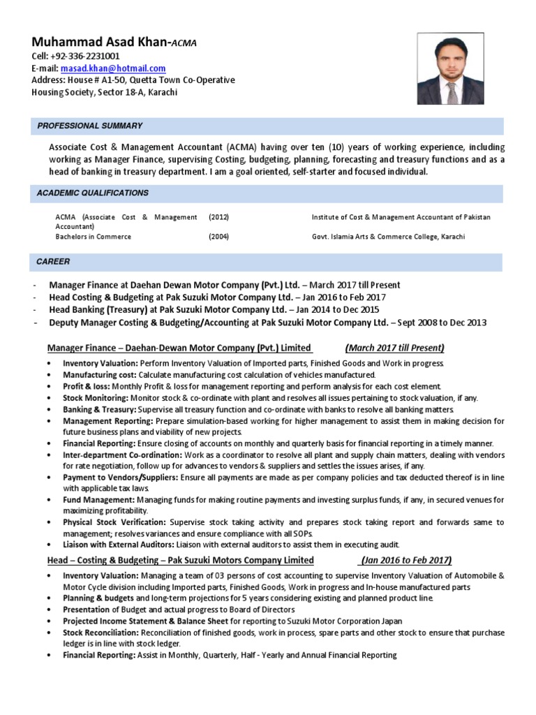 CV-Asad Khan-ACMA-0419 PDF | PDF | Financial Statement | Inventory