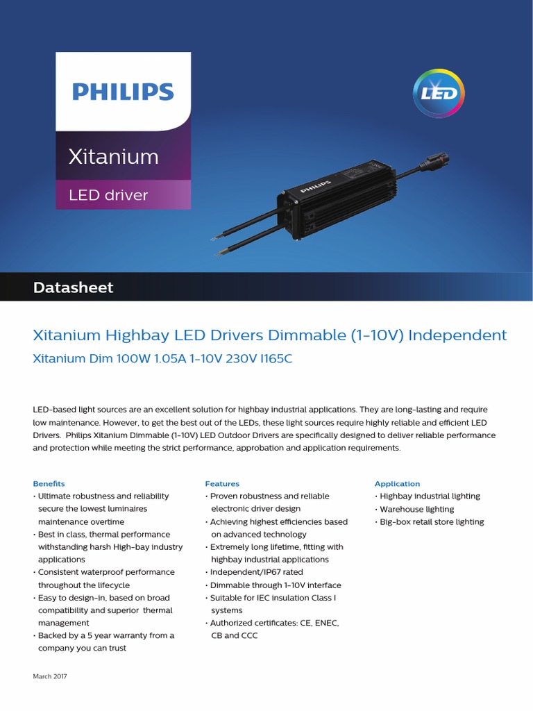 Datasheet Xitanium Dim 100W 1.05A 1 10V 230V I165C 929001425680 PDF ...