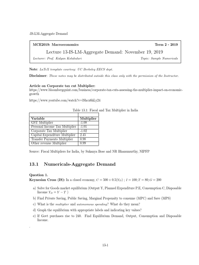 IS - LM Class Notes | PDF | Fiscal Multiplier | Economic Theories