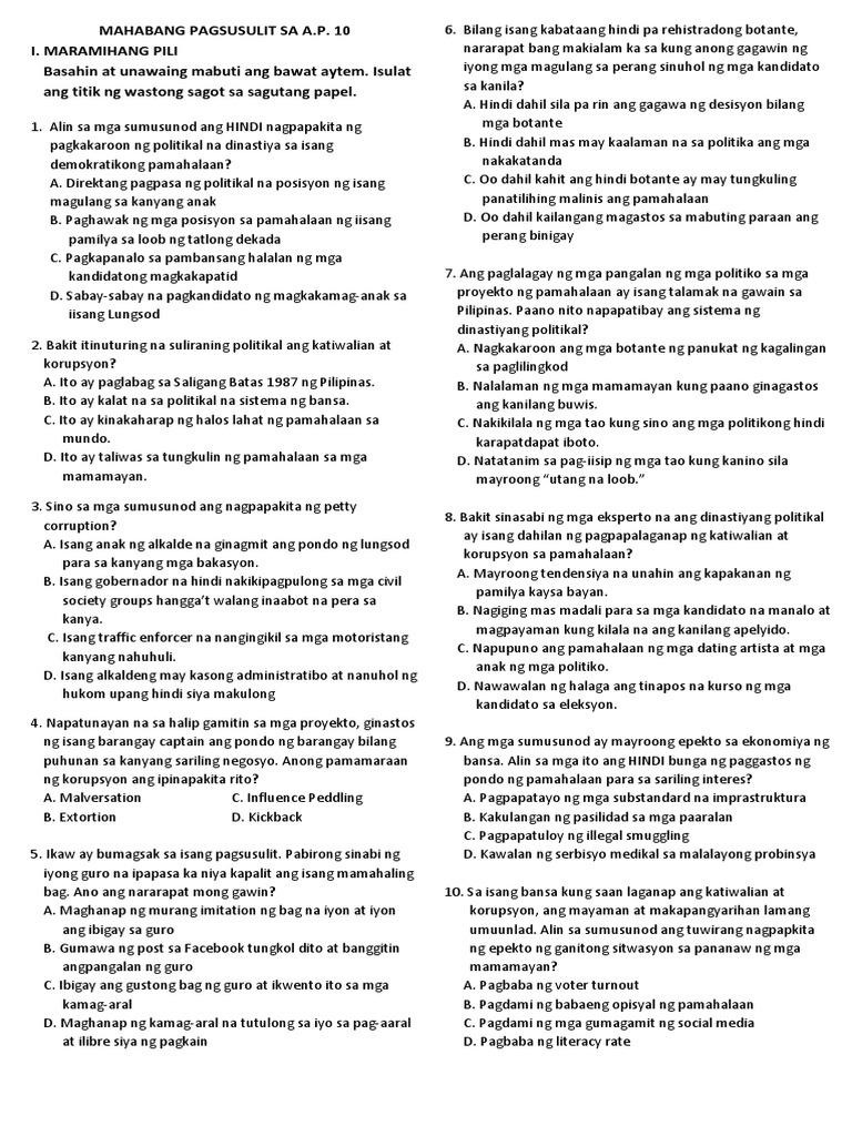 Mahabang Pagsusulit Sa AP 10 - Korupsiyon | PDF