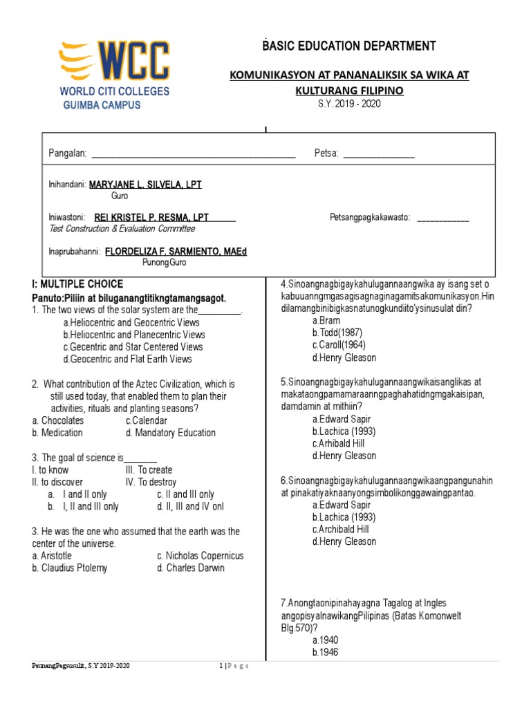 Sts Final Exam | PDF | Tagalog Language | Languages Of Asia