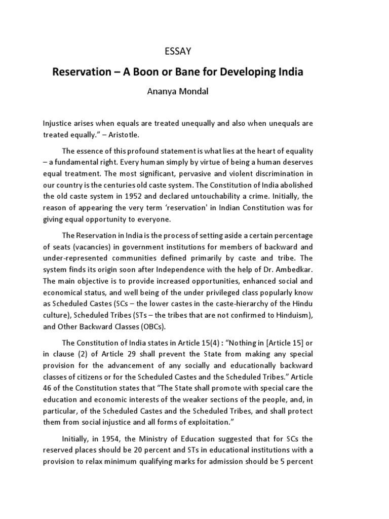 Essay - Reservation: A Boon or Bane For Developing India | PDF | Public ...