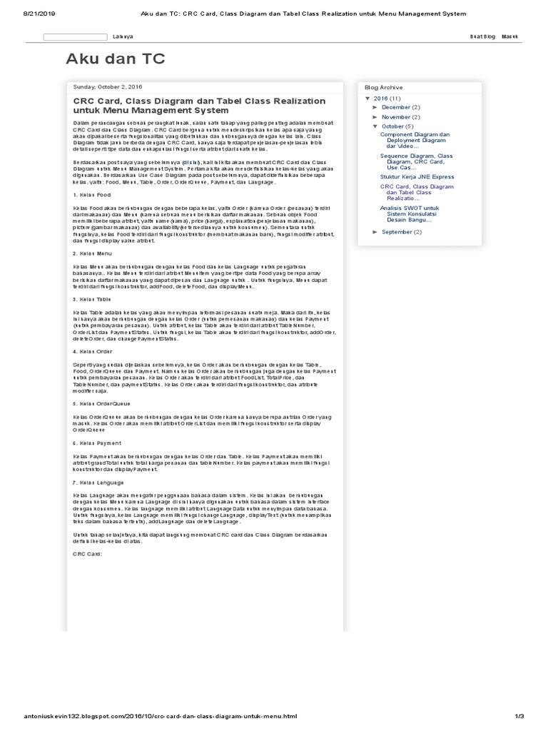 Aku Dan TC - CRC Card, Class Diagram Dan Tabel Class Realization Untuk Menu Management System | PDF