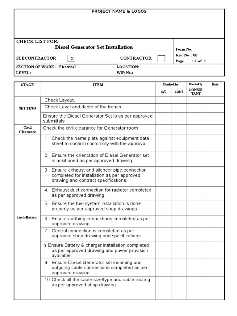 Check For Installation of Diesel Generator Set | PDF | Diesel Engine ...
