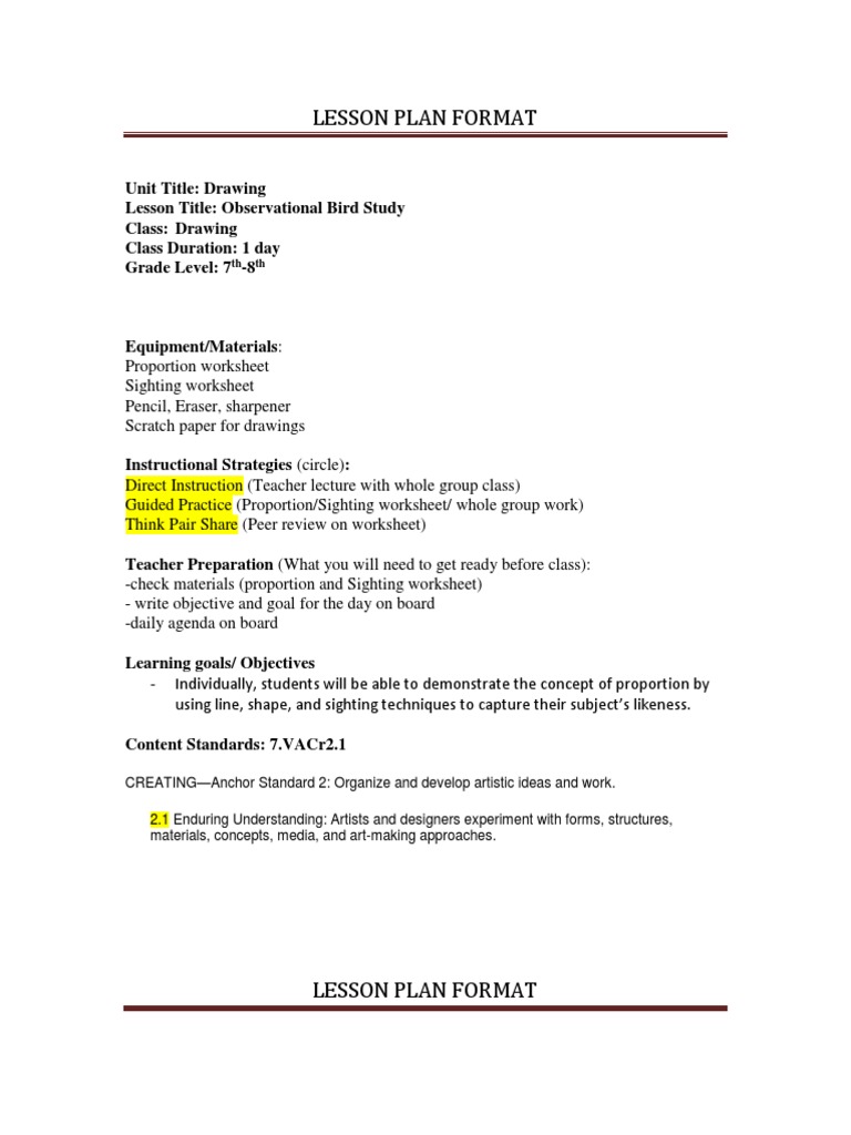Lesson Plan Observational Drawing Bird | PDF | Lesson Plan ...