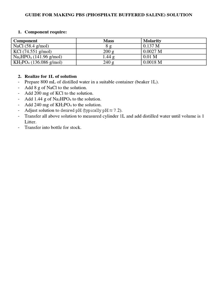 Guide For Making PBS (Phosphate Buffered Saline) Solution | PDF
