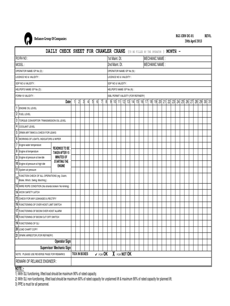 DAILY CHECK LIST Crawler Crane | PDF | Crane (Machine) | Vehicles
