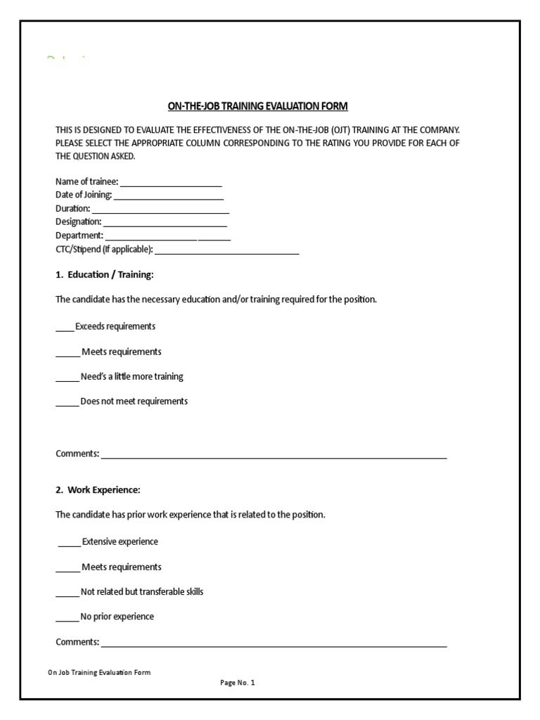 On Job Training Evaluation Form | PDF | Applied Psychology | Cognitive ...