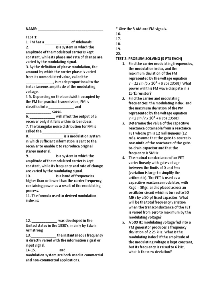Chapter 4 - Quiz | PDF | Frequency Modulation | Modulation
