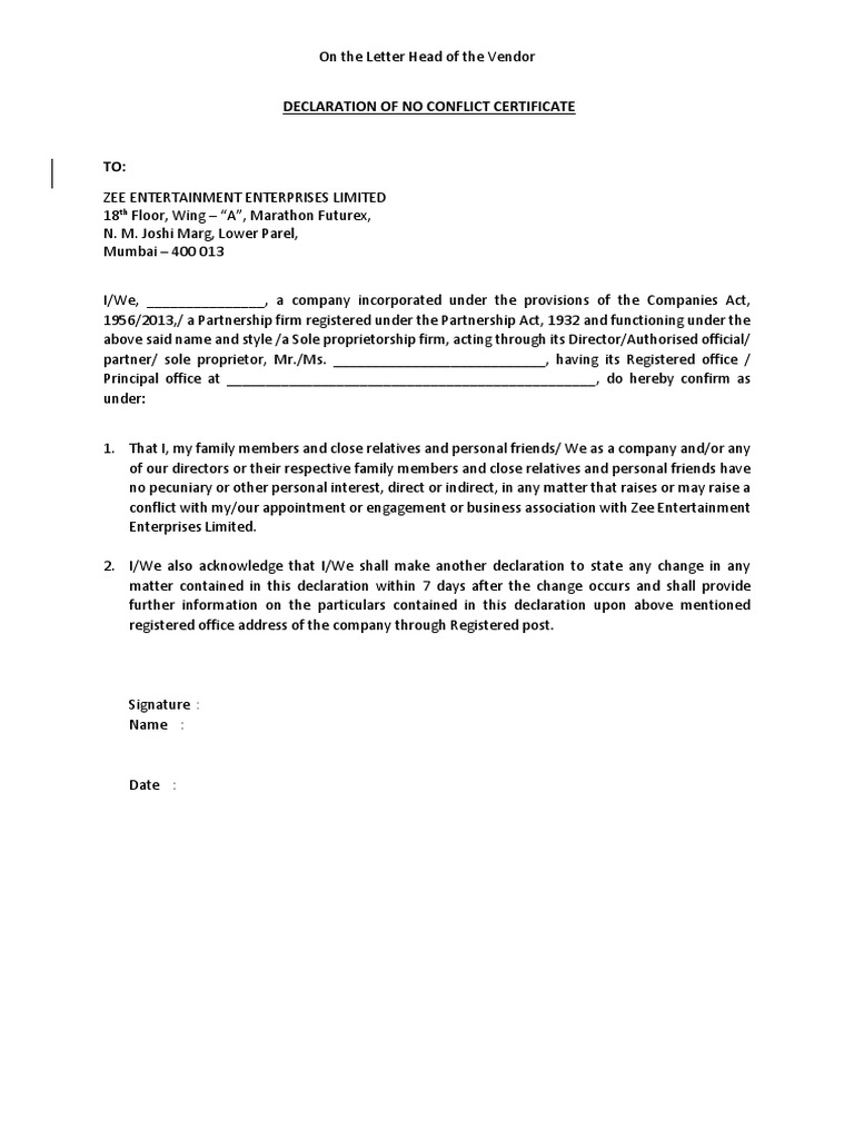 Declaration of Conflict Certificate | PDF