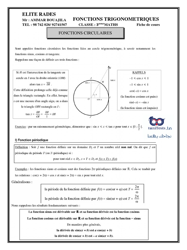 Fiche de cours sur les fonctions trigonométriques | PDF