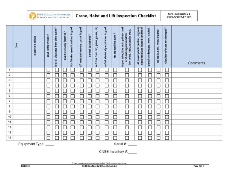 EHS-00067-F1 R2 Crane, Hoist and Lift Inspection Checklist | PDF ...