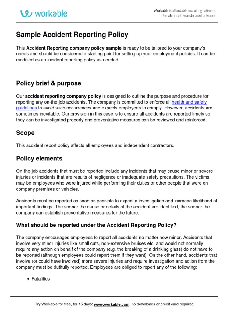 Accident Reporting Policy Overview | PDF | Negligence | Employment