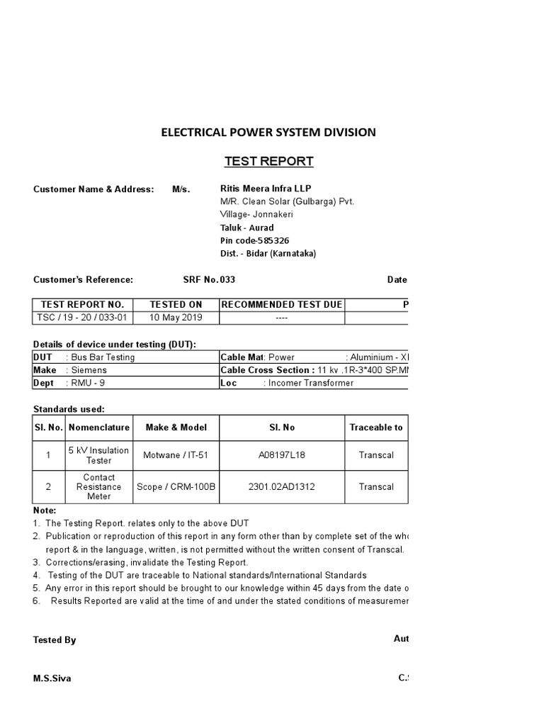 Comprehensive Testing Report for 11kV XLPE Power Cable at Ritis Meera ...