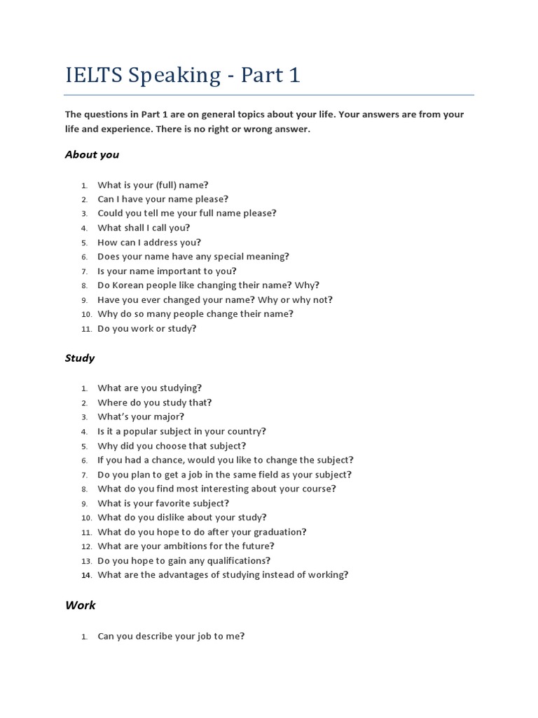 IELTS Speaking Part 1 Topics Questions | PDF | Hobbies | Leisure