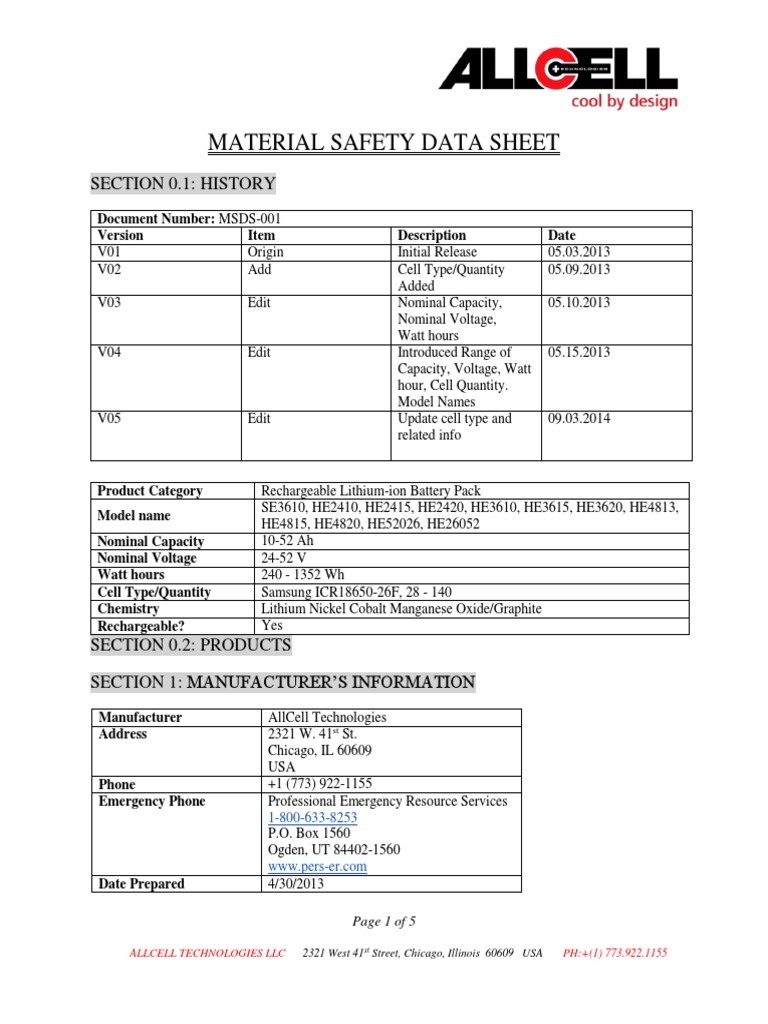 Rechargeable Lithium-Ion Battery Safety Data Sheet: Model Names ...
