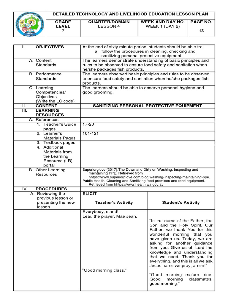 Lesson Plan: Sanitizing PPE in Food Safety | PDF | Personal Protective ...
