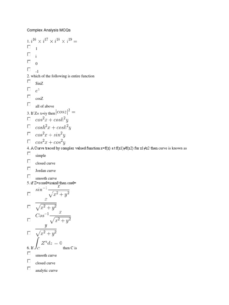 Complex Analysis MCQs | PDF | Curve | Complex Number
