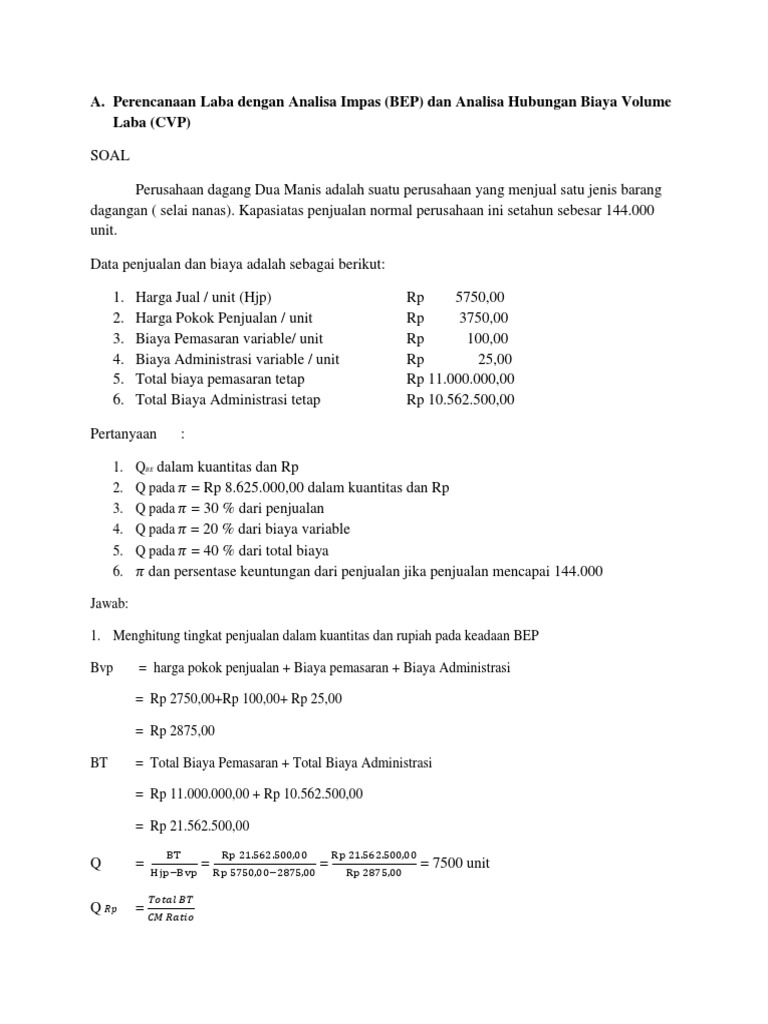 Contoh Soal Perhitungan CVP Akuntansi Ma | PDF