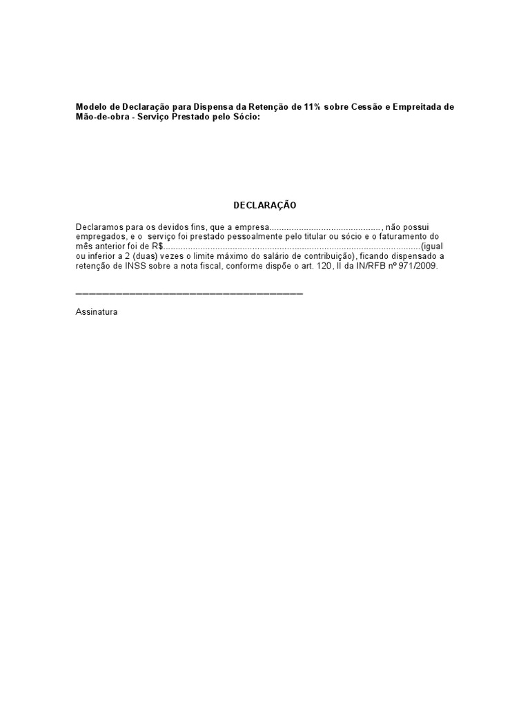 Modelo de Declaração para Dispensa Da Retenção de 11 Sobre Cessão e ... Modelo de Declaração para Dispensa Da Retenção de 11 Sobre Cessão e ...