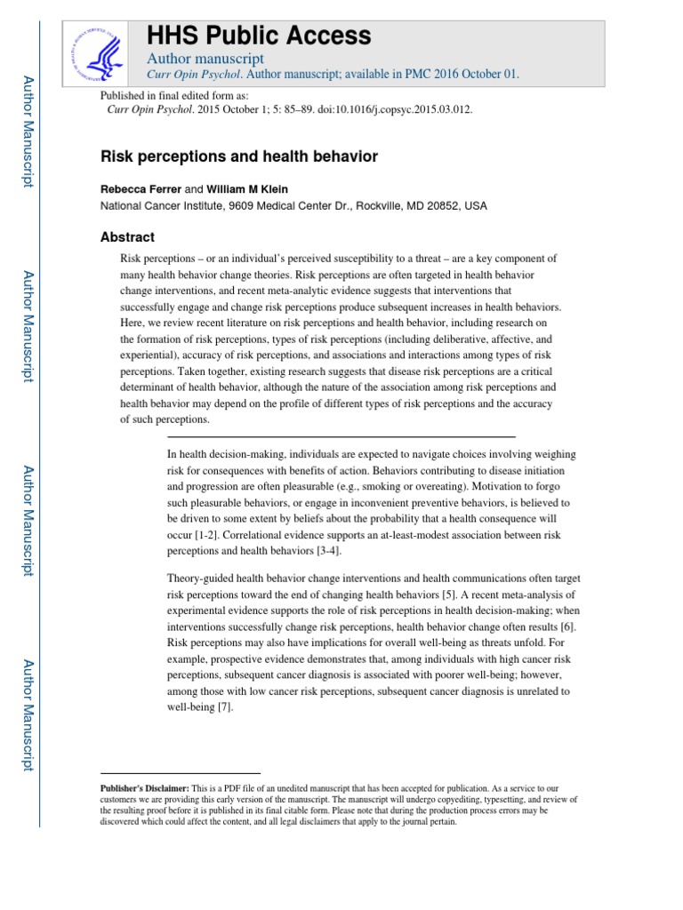 Health Risk Perceptions & Behavior | PDF | Risk | Affect (Psychology)