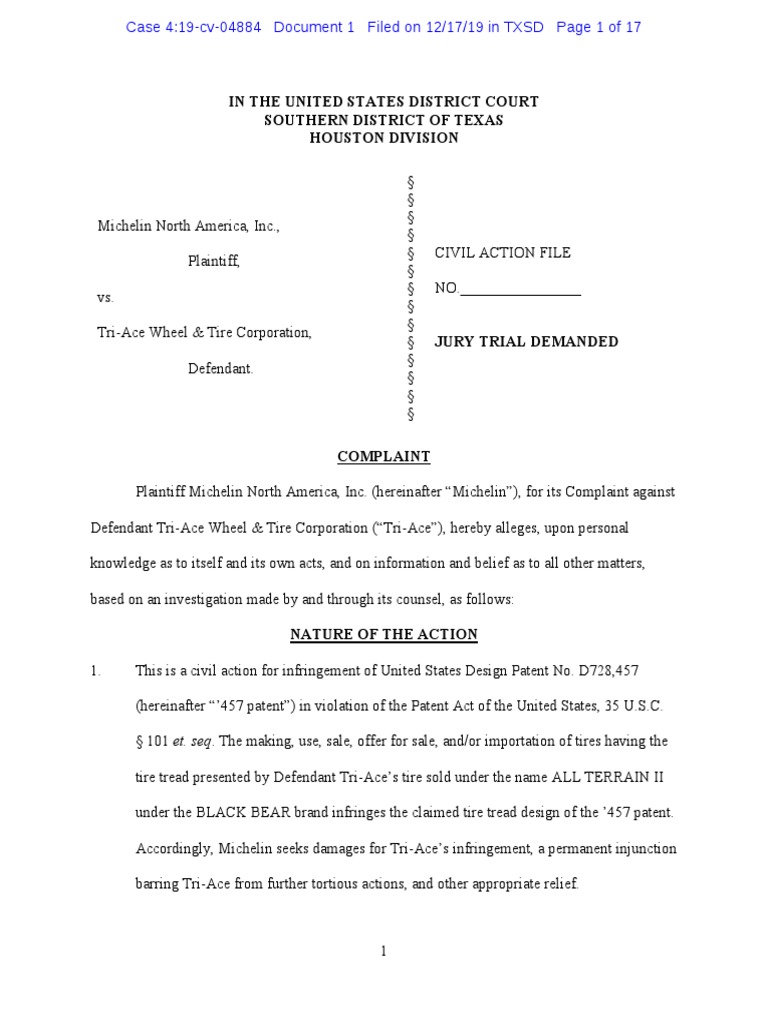 Michelin v. Tri-Ace Wheel & Tire - Complaint | PDF | Complaint | Injunction
